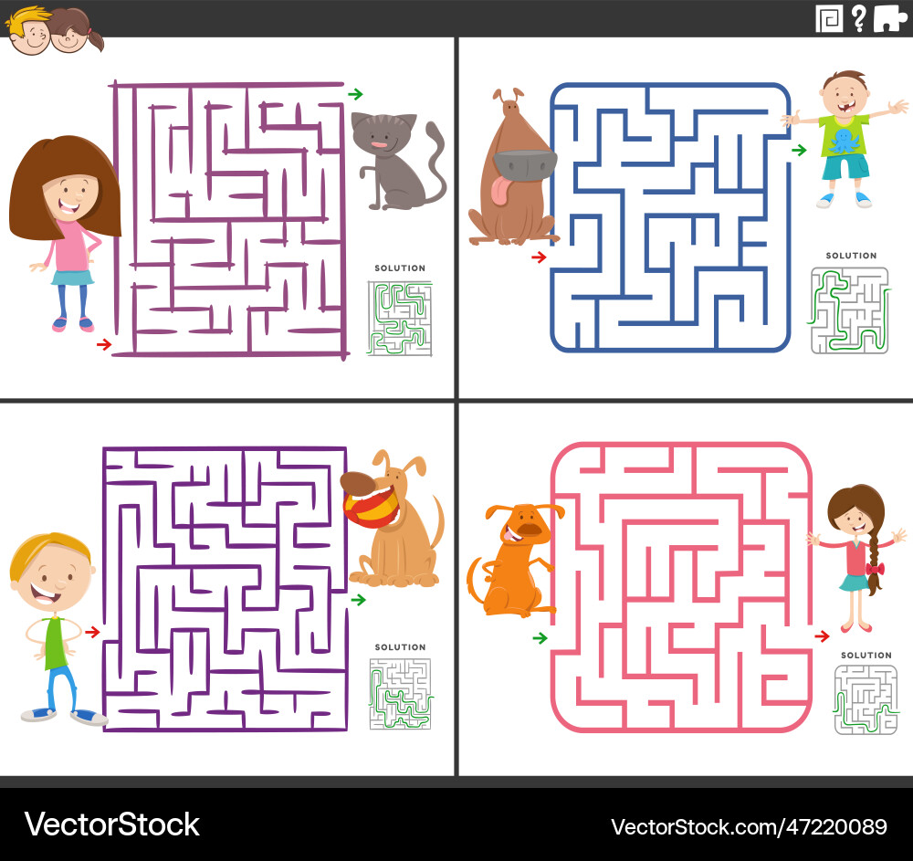 Maze activity games set with cartoon children ant Vector Image