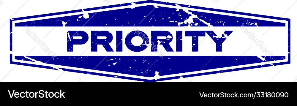 Grunge blue priority wording hexagon rubber seal Vector Image