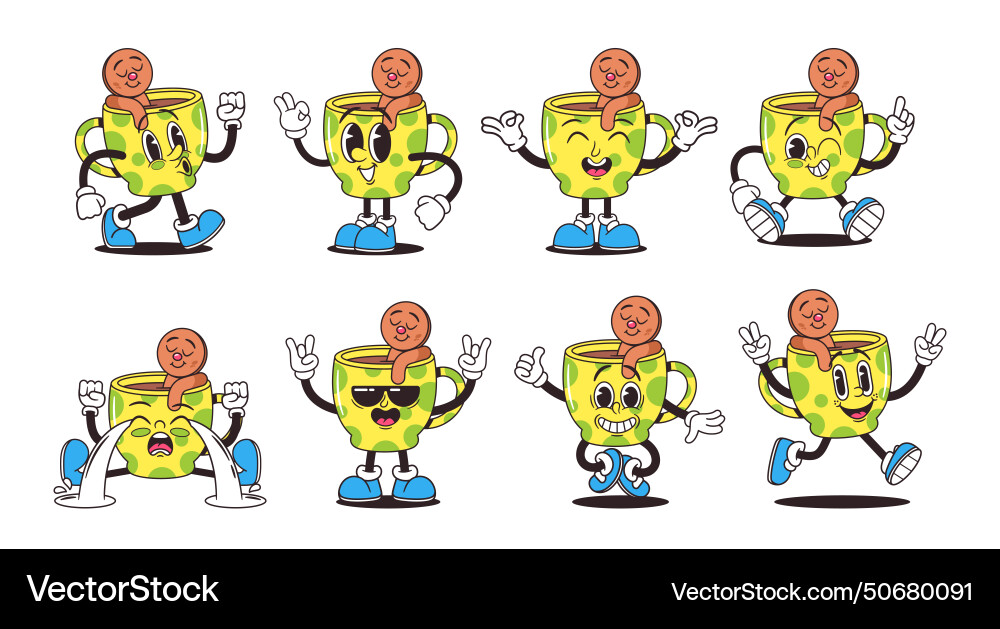 Retro style cartoon mug characters charming Vector Image