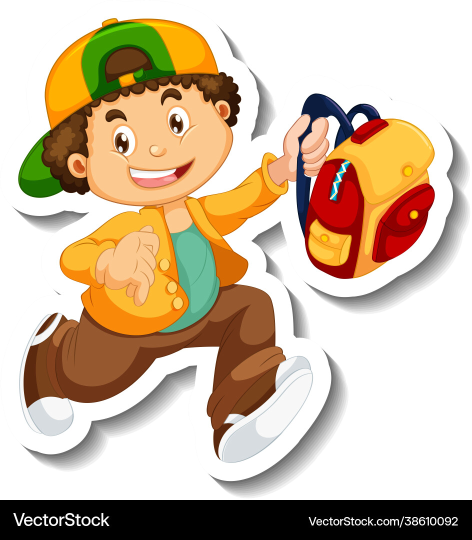 Boy with Backpack Sticker Template Royalty Free Vector Image