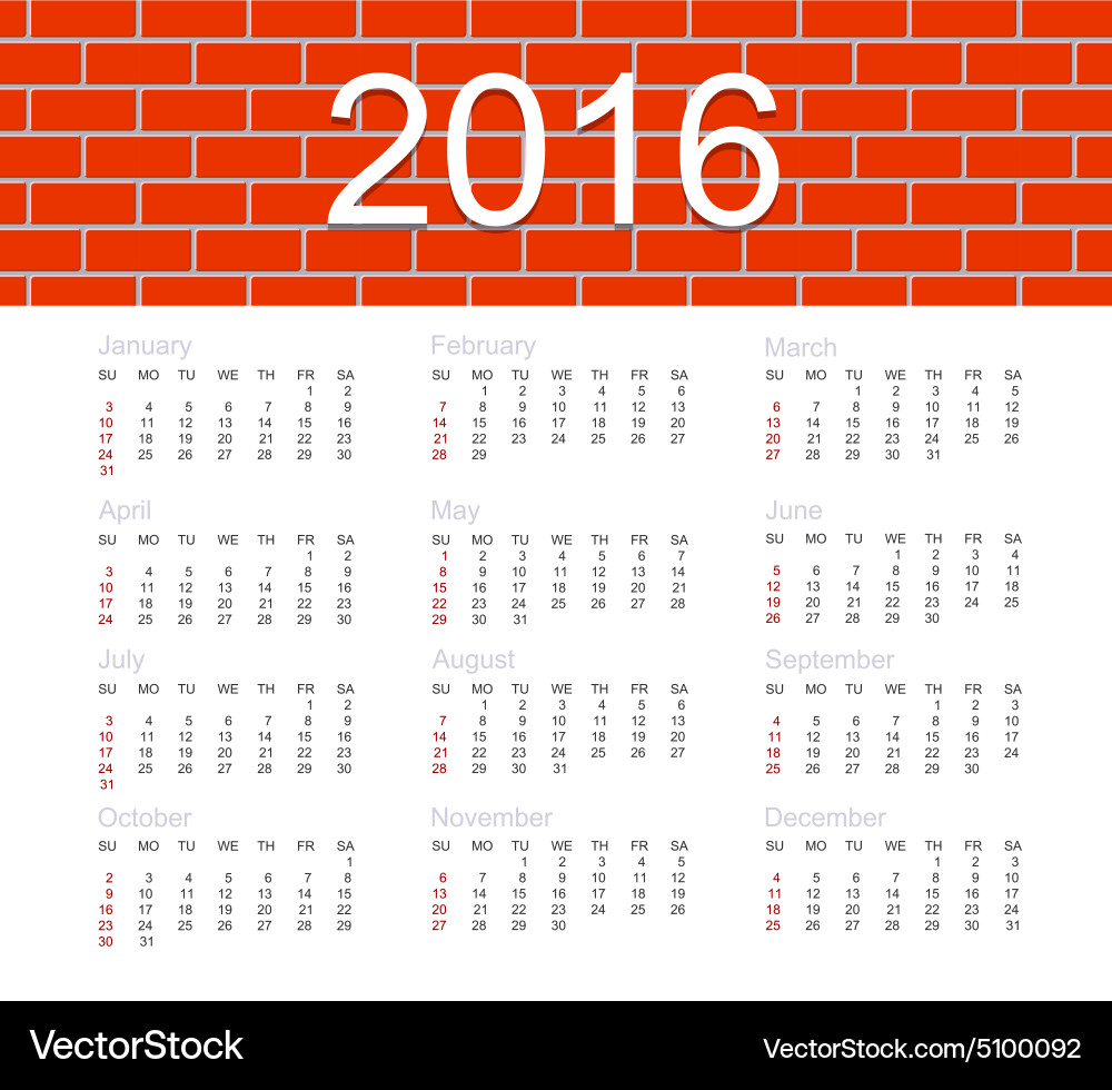 Calendar for 2016 year Royalty Free Vector Image