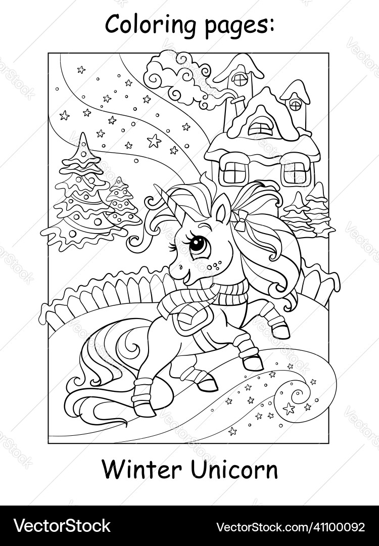 Coloring book page cute unicorn on a winter Vector Image