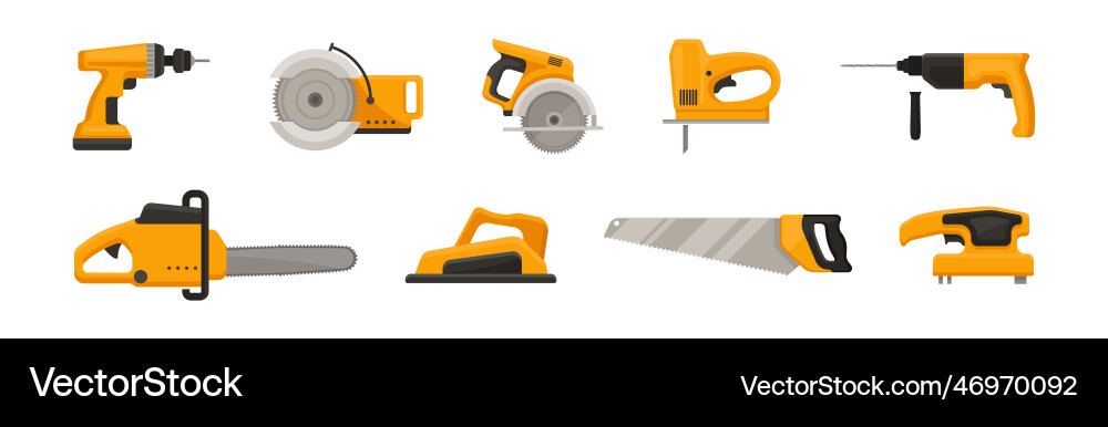 Yellow power tools for carpentry work set Vector Image