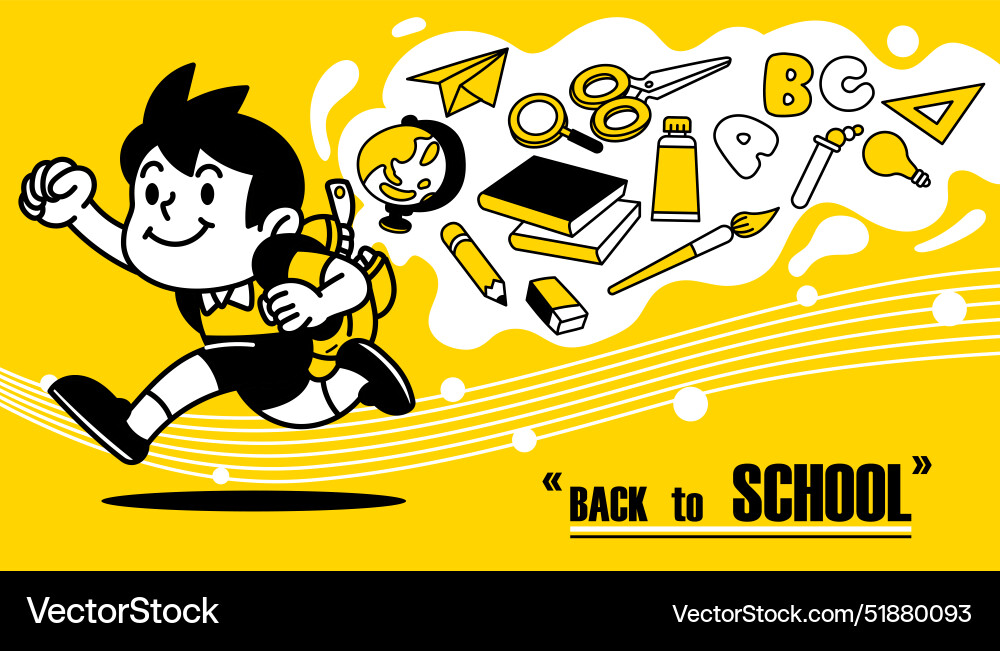 Cartoon boy happy run with school elements back Vector Image