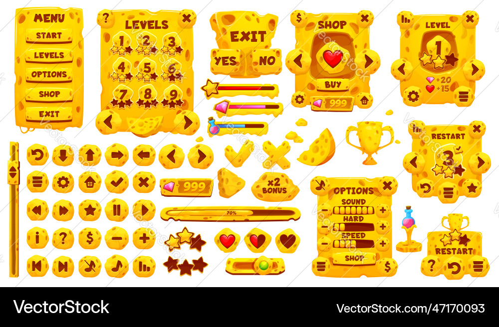 Game UI Elements & Cheese Buttons Royalty Free Vector