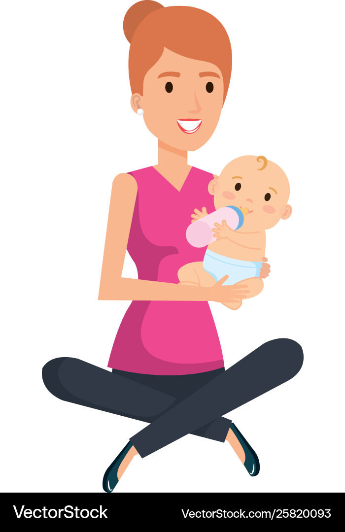 Mother lifting little baby character Royalty Free Vector