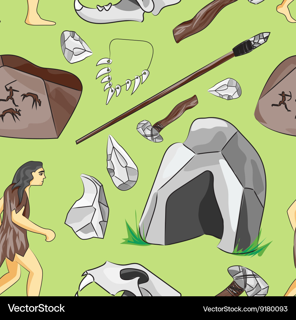 Prehistoric stone age icons set pattern Royalty Free Vector