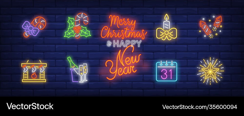 December holidays neon sign set Royalty Free Vector Image