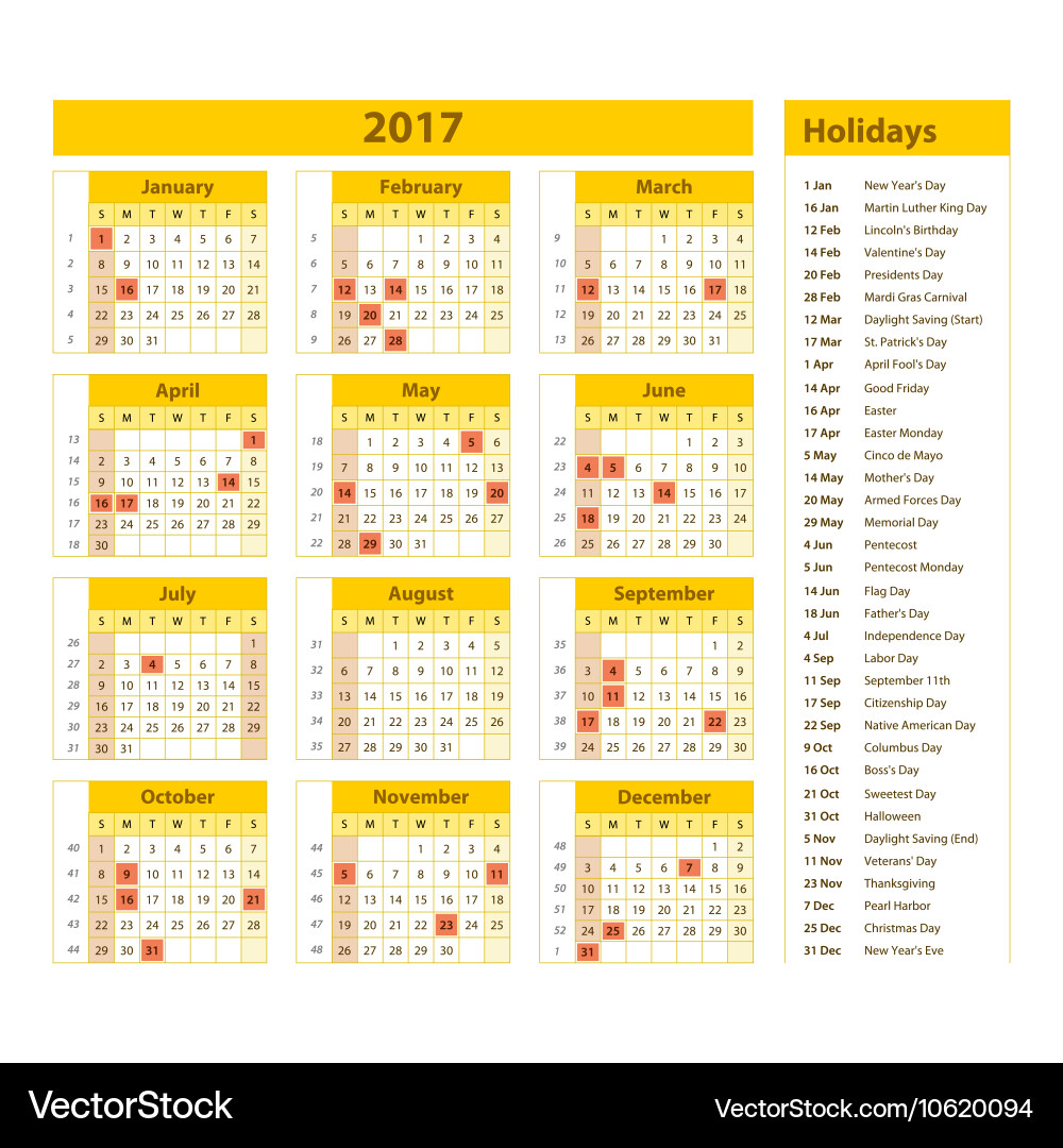 Simple calendar 2017 marked with the official Vector Image