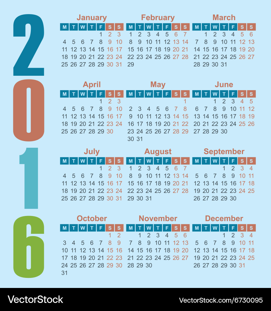 2016 year calendar english Royalty Free Vector Image
