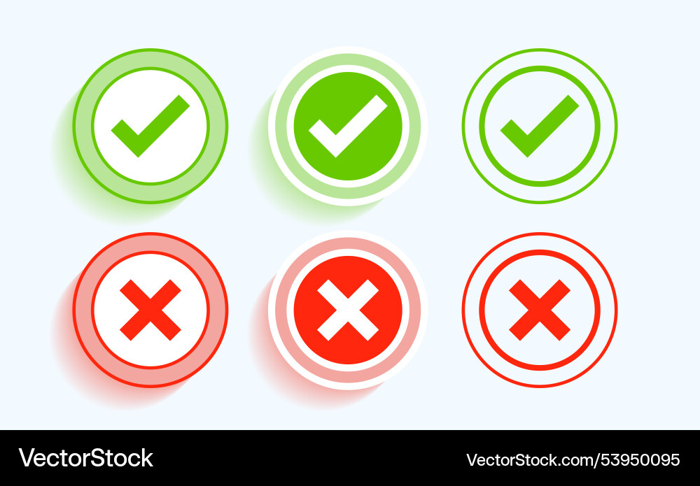 Circular check mark tick and cross icon in set Vector Image