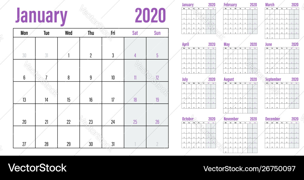 Calendar planner 2020 template Royalty Free Vector Image