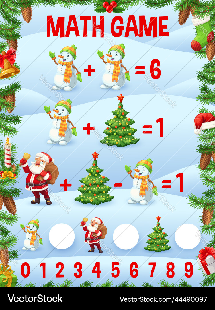 Cartoon christmas characters math game worksheet Vector Image