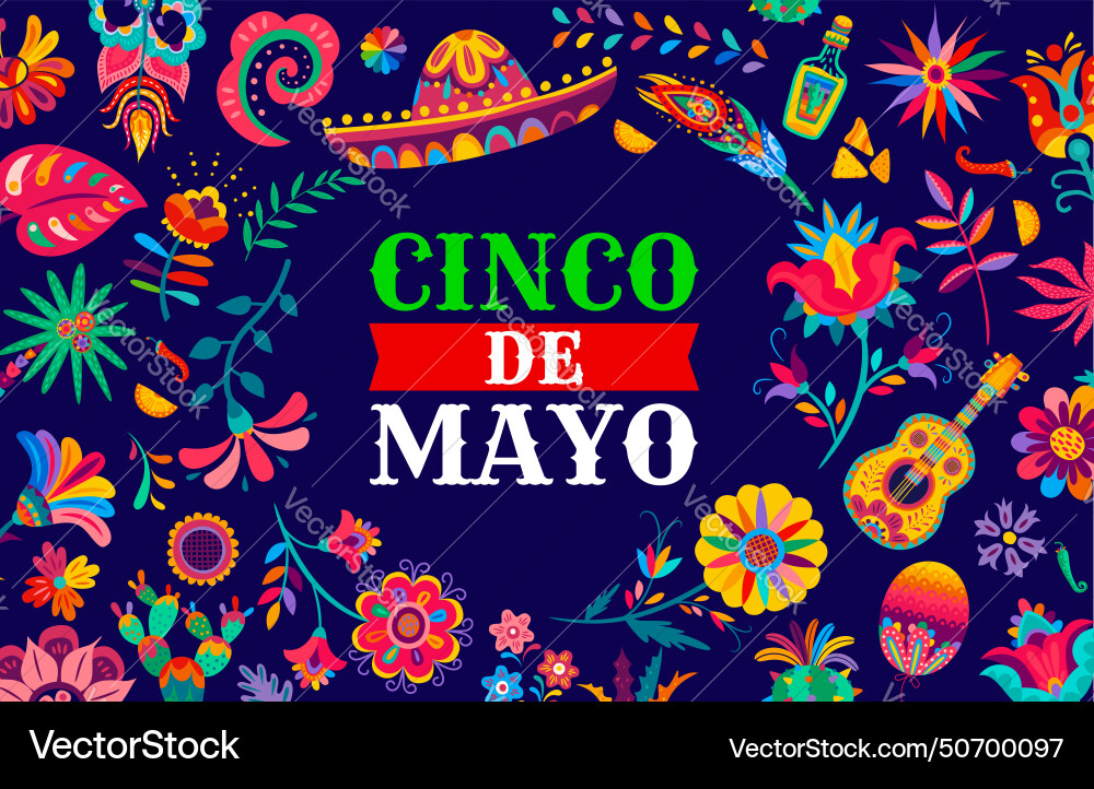 Cinco de mayo banner flowers and mexican guitar Vector Image