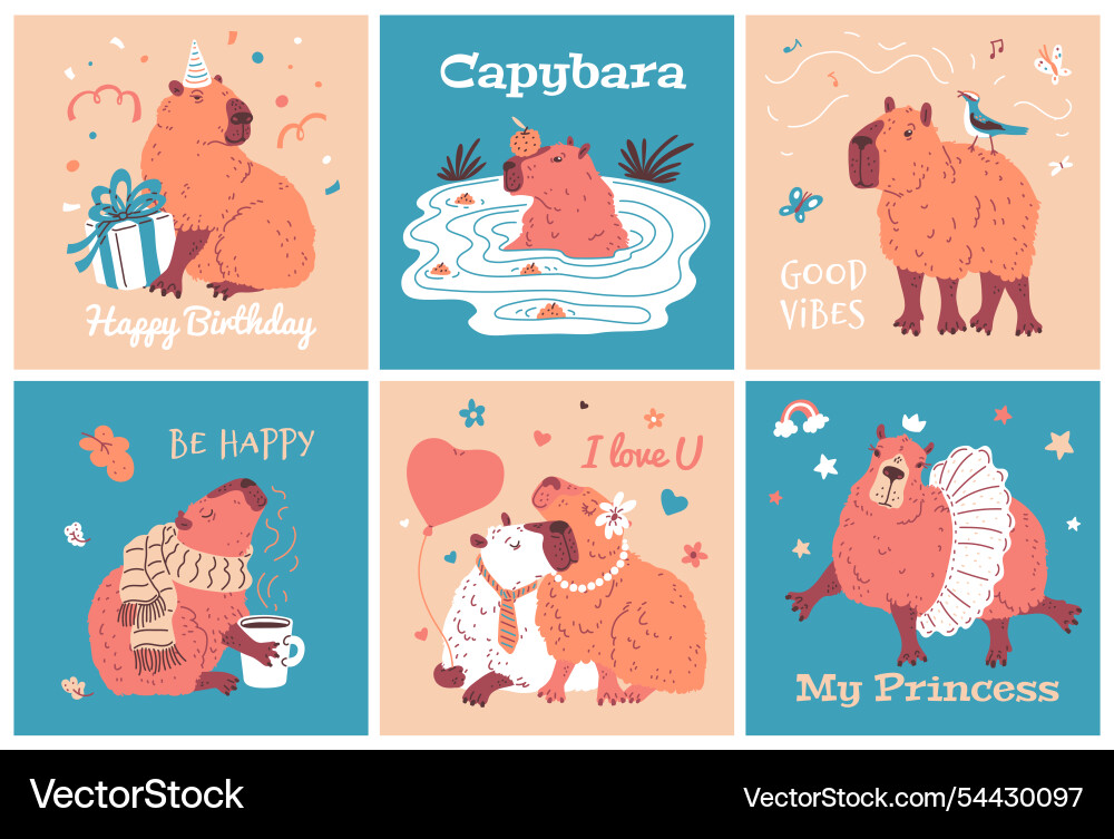Cute capybaras on card design set with Royalty Free Vector