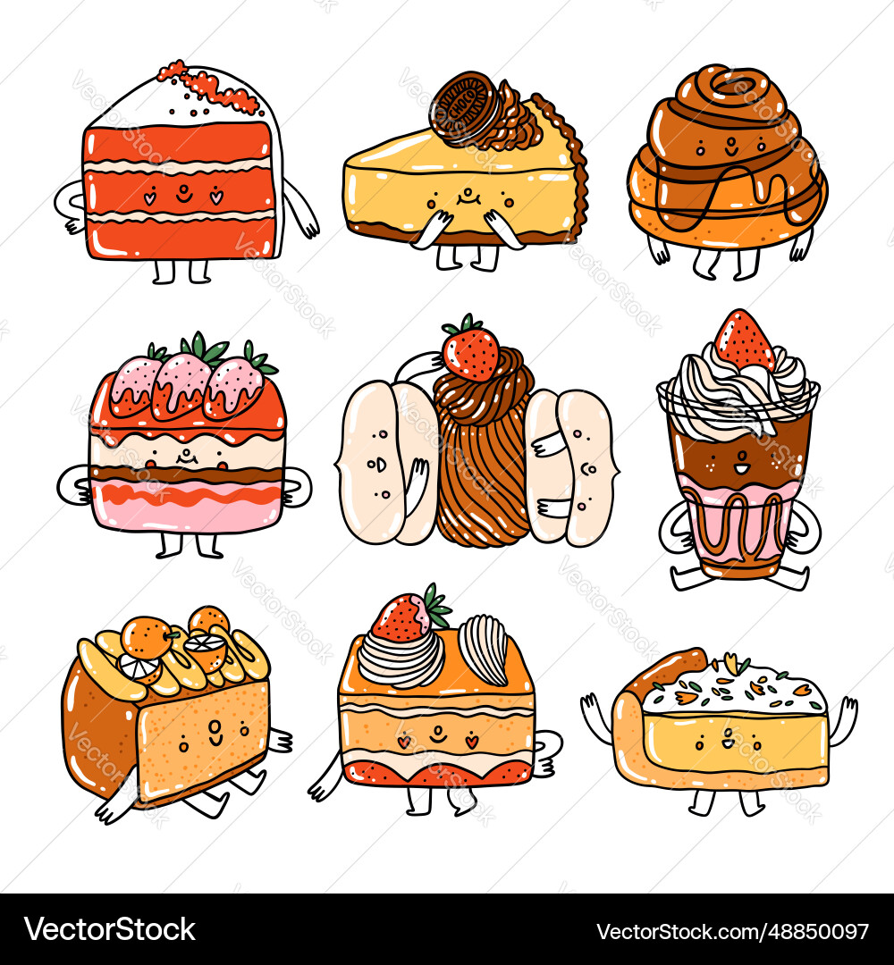 Cute cartoon dessert characters set Royalty Free Vector