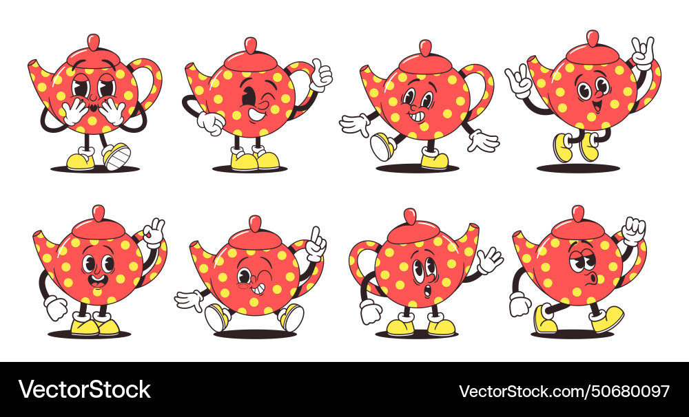 Retro groovy teapot characters animation Vector Image