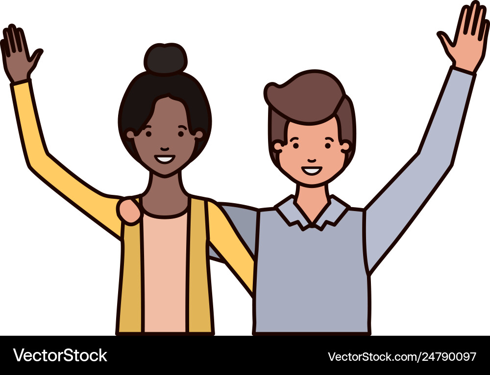 Young couple with hands up avatar character Vector Image