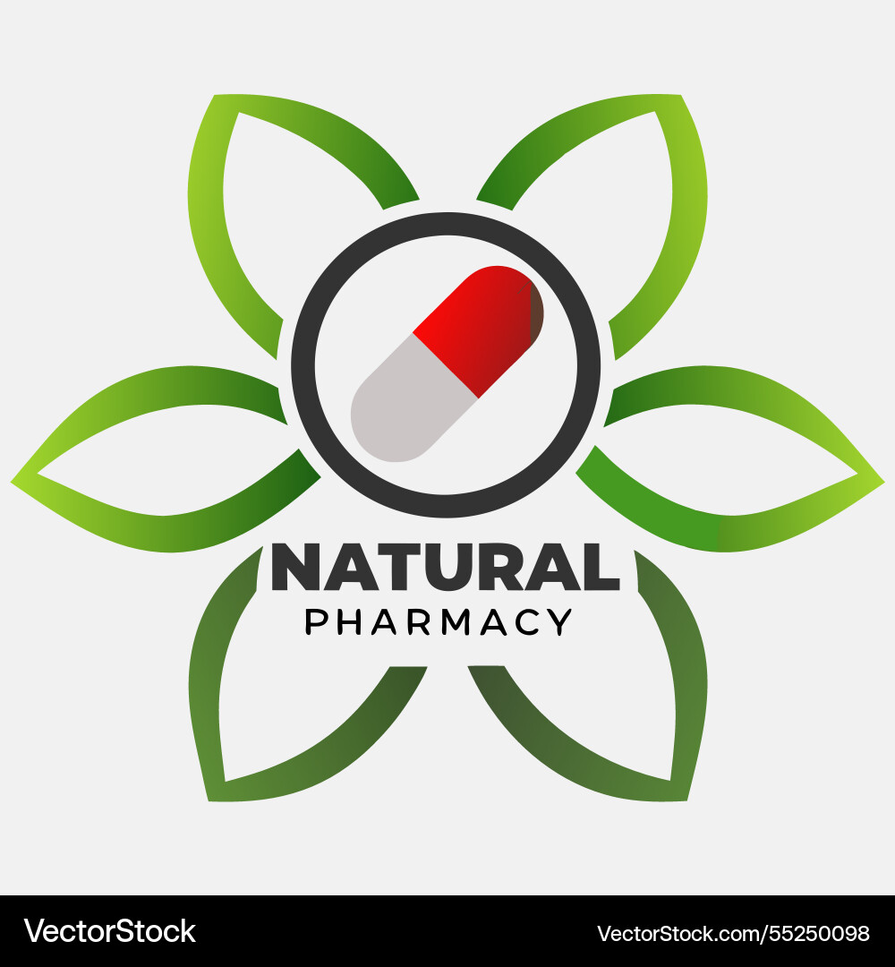 Natural pharmacy logo with green leaves Royalty Free Vector