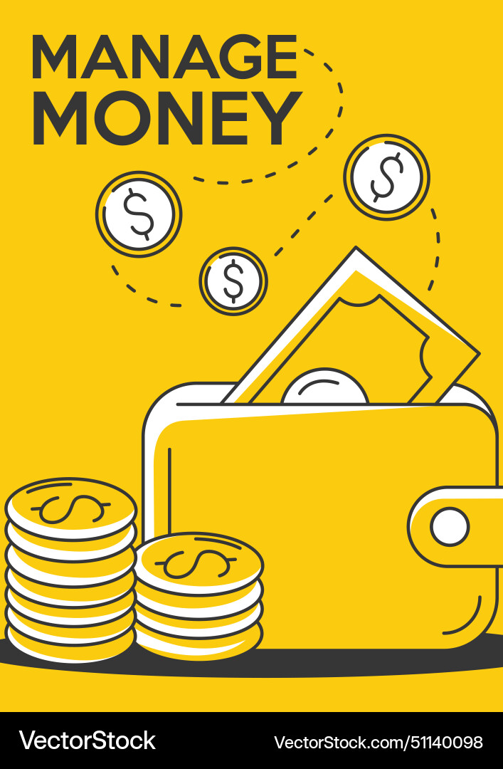 Wallet with cash and stack of dollar coins poster Vector Image