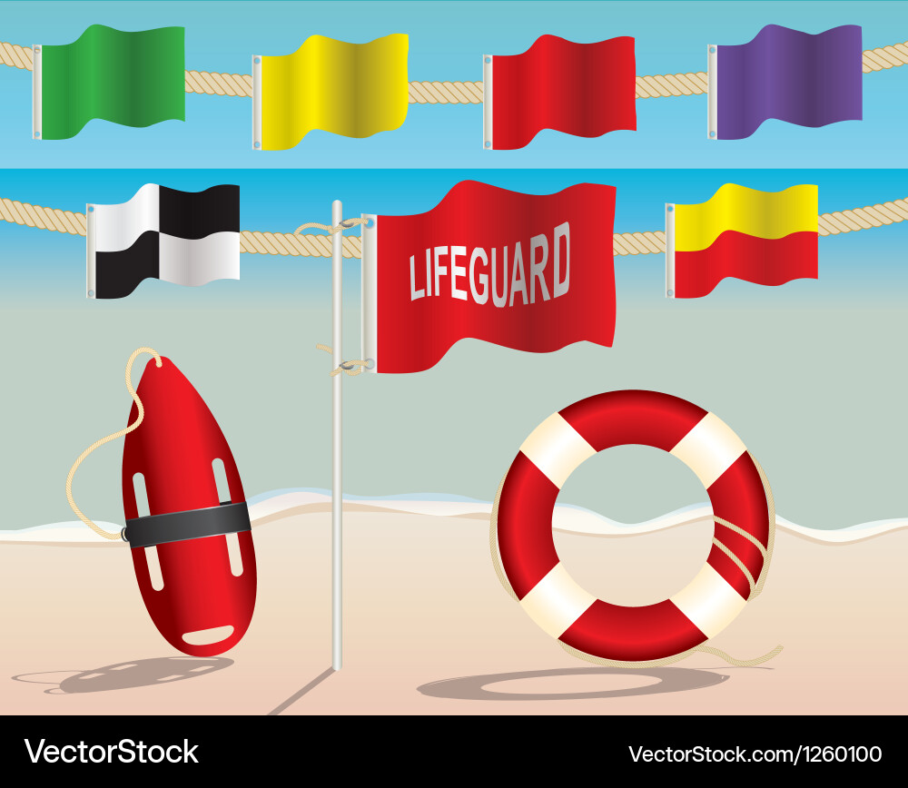 Lifeguard warning flags and floatation devices Vector Image