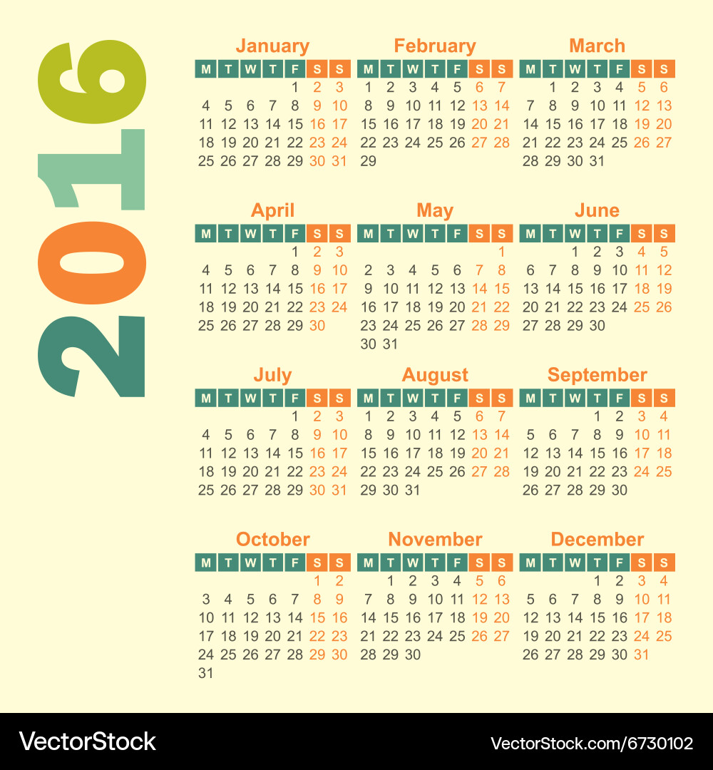 2016 year calendar english Royalty Free Vector Image