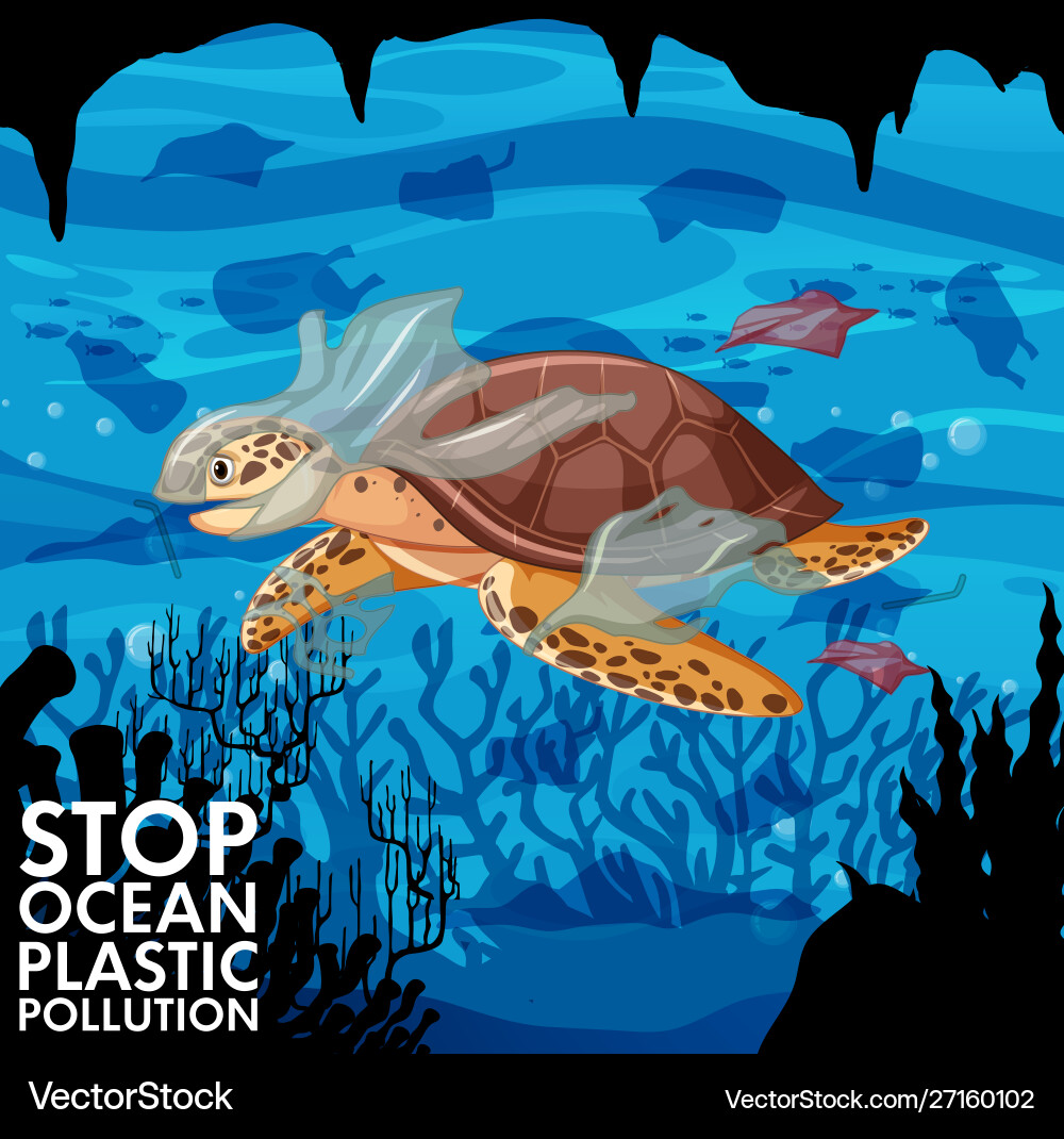 Poster design with sea turtle and plastic bags Vector Image