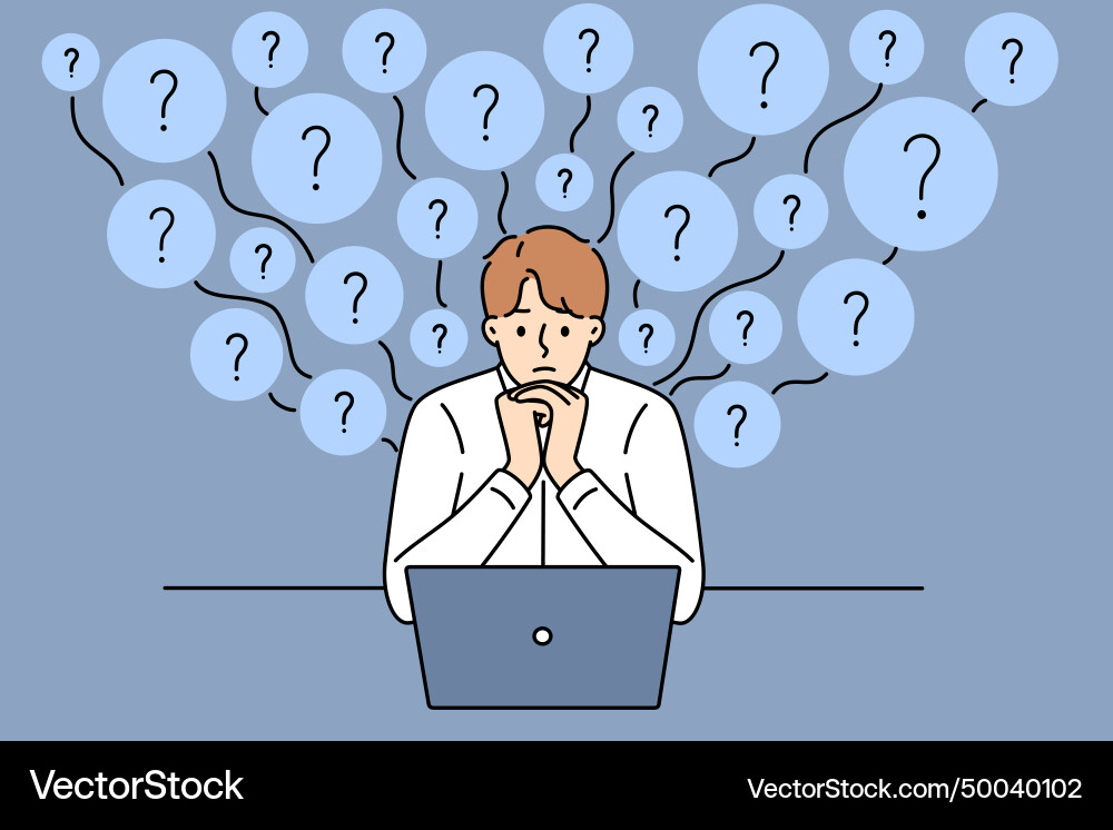 Thoughtful man answers user questions working Vector Image