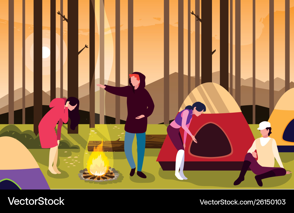 Campers in camping zone with tent and campfire Vector Image