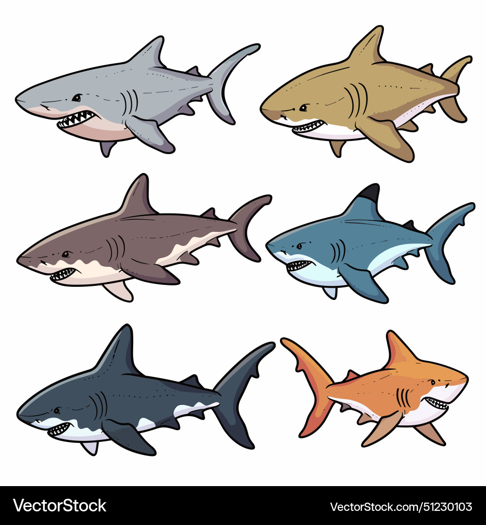 Six cartoon sharks various colors Royalty Free Vector Image