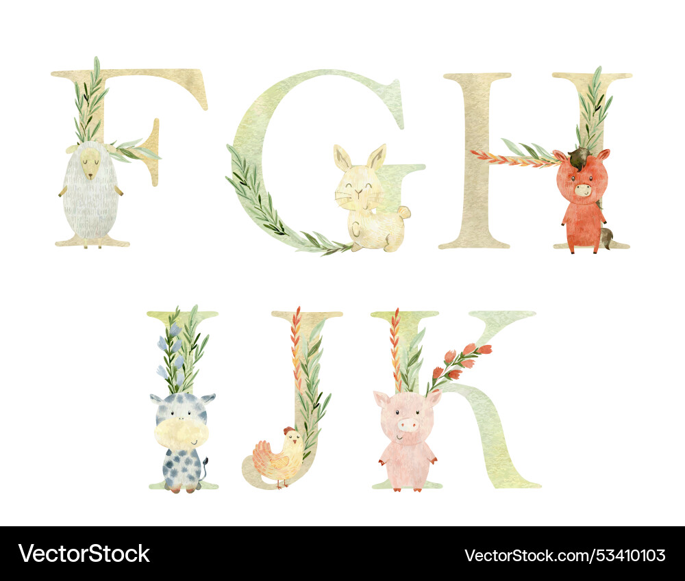 Watercolor farm animals letters Royalty Free Vector Image