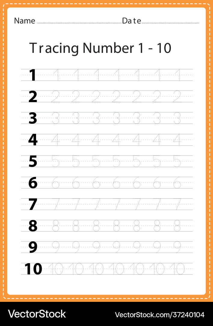 Arbeitsblatt Nummer 1-10 für Kindergarten Vektorbild