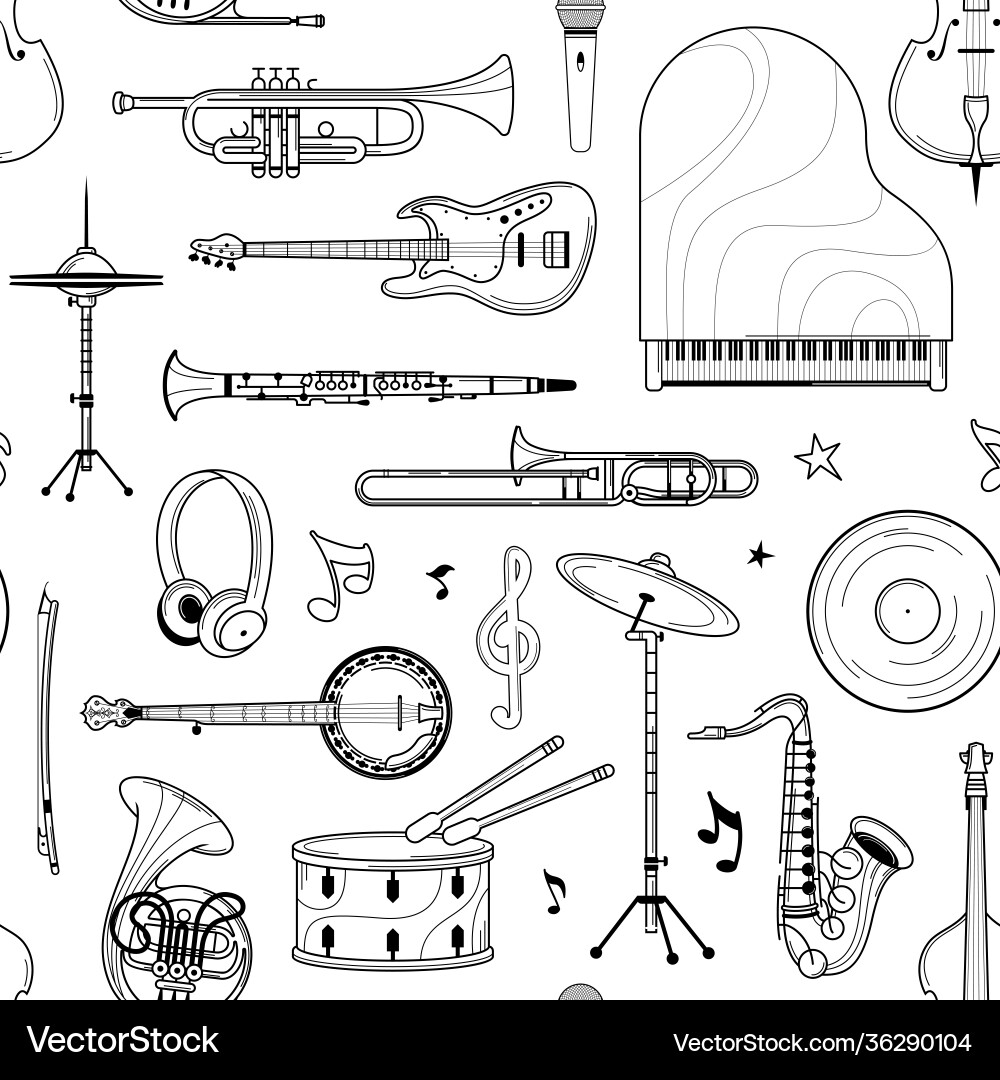Musical instruments hand drawn outline seamless Vector Image