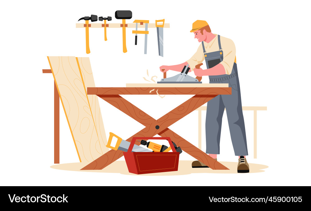 Carpentry workshop cartoon carpenter character Vector Image