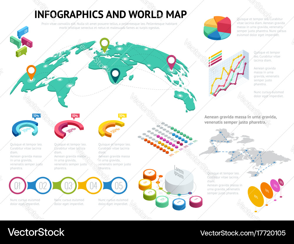 Isometric world map with set of infographics Vector Image
