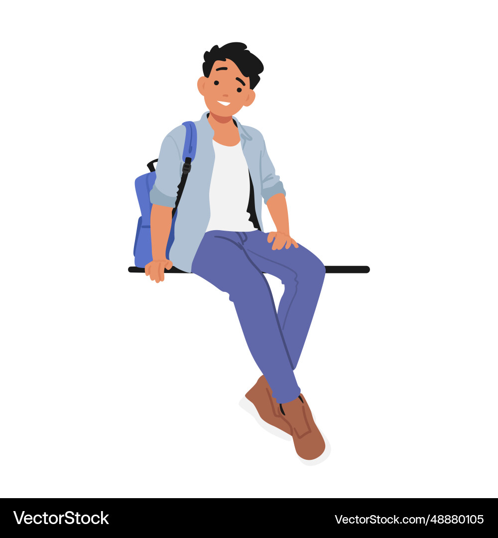 Schoolboy character is seated on a bench Vector Image