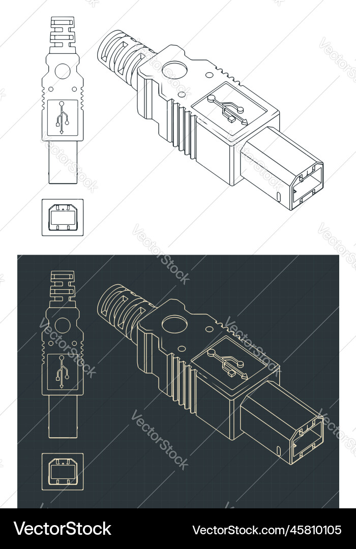 Usb-b plug blueprints Royalty Free Vector Image