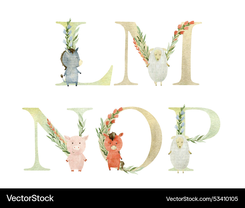 Watercolor farm animals letters Royalty Free Vector Image