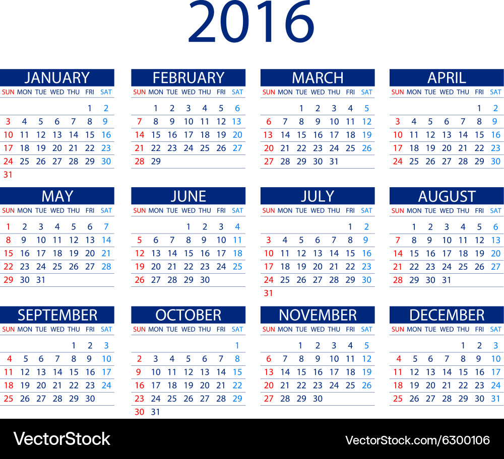 Calendar for 2016 on white background week starts Vector Image