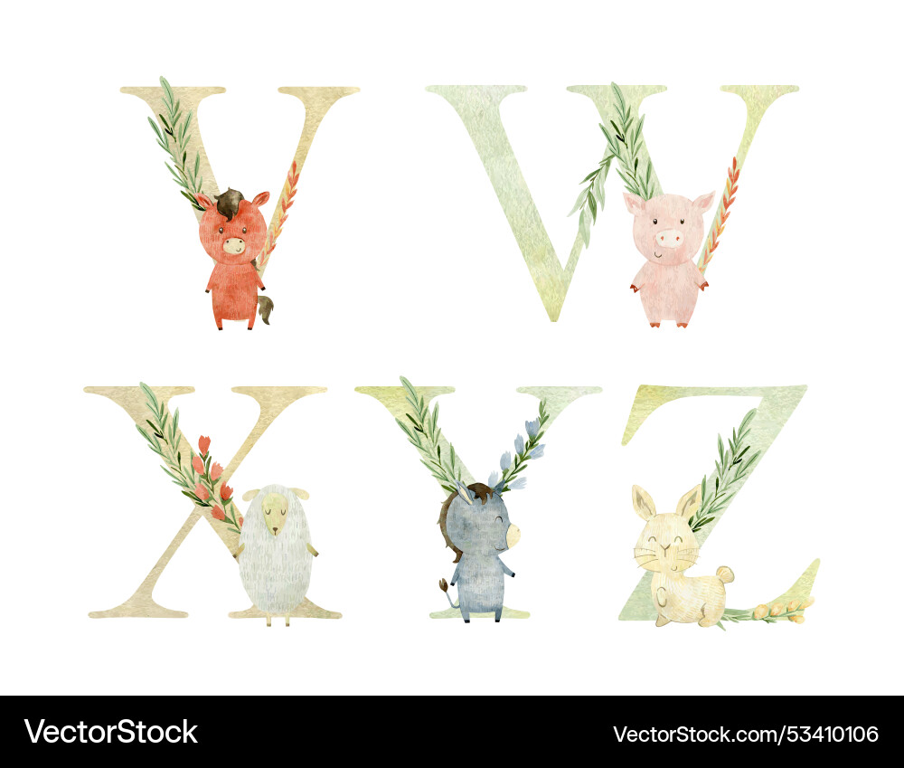 Watercolor farm animals letters Royalty Free Vector Image