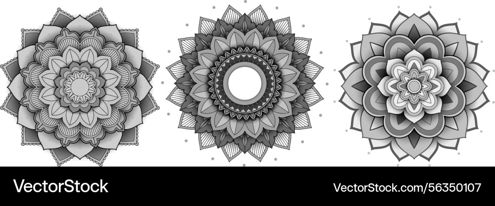 Three detailed mandala patterns in grayscale tones