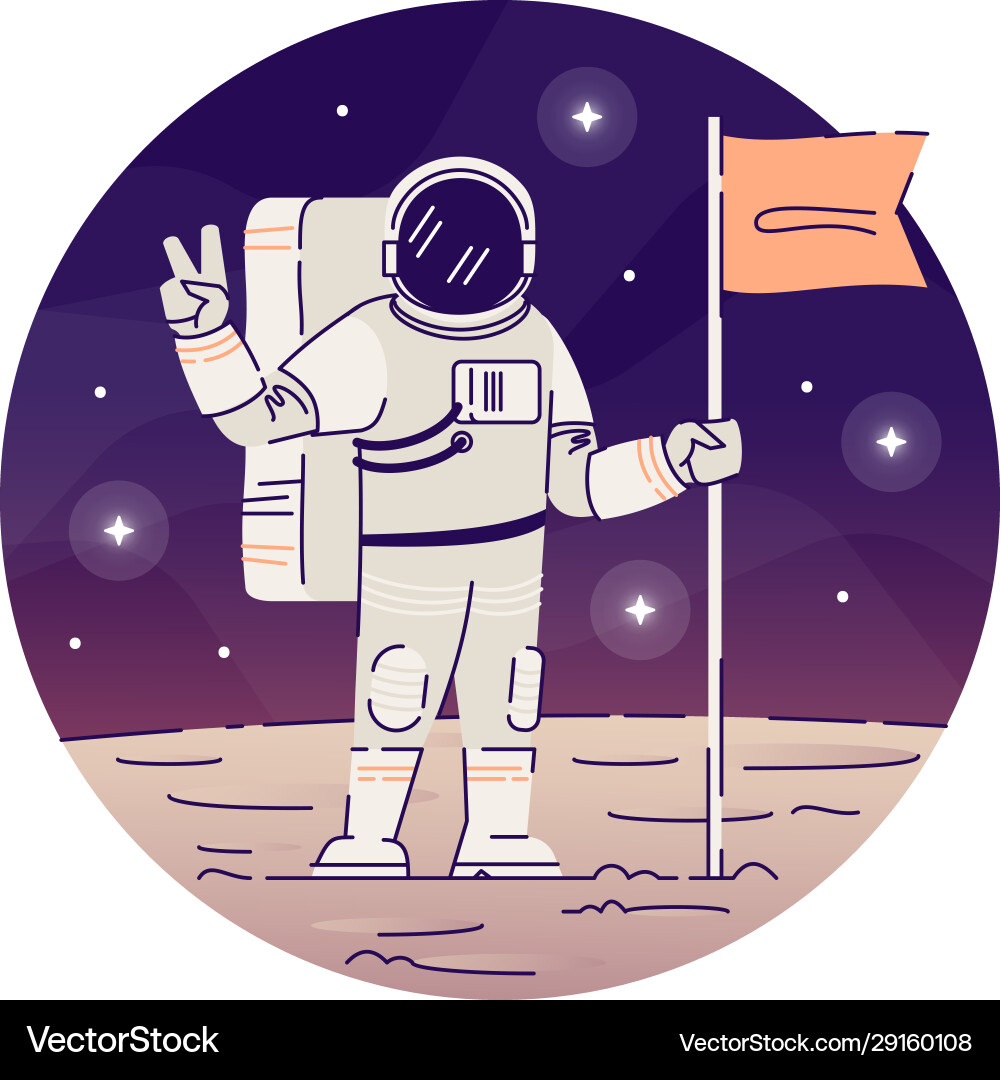 Cosmonaut placing flag on moon flat concept icon Vector Image