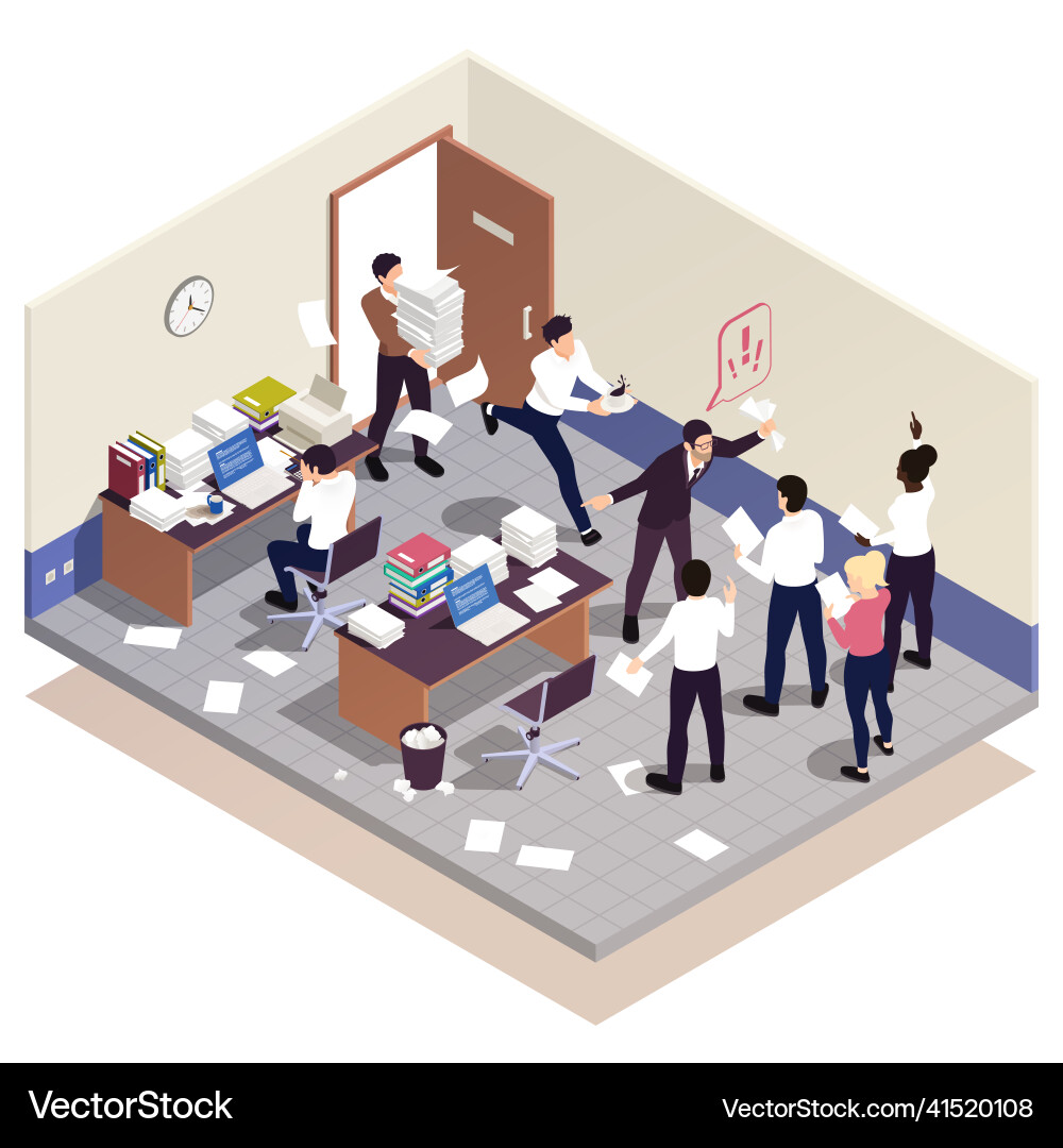 Messy office work isometric composition Royalty Free Vector