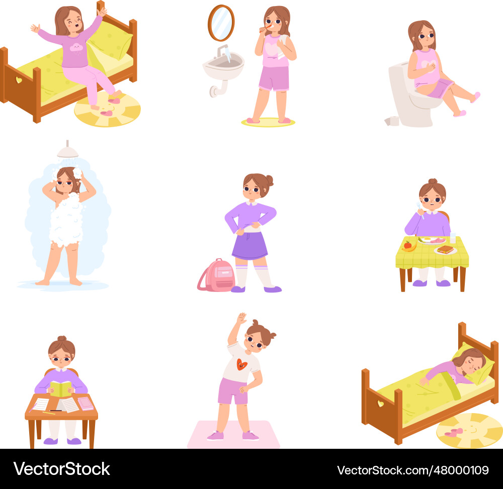 Active girl daily routine day schedule Royalty Free Vector