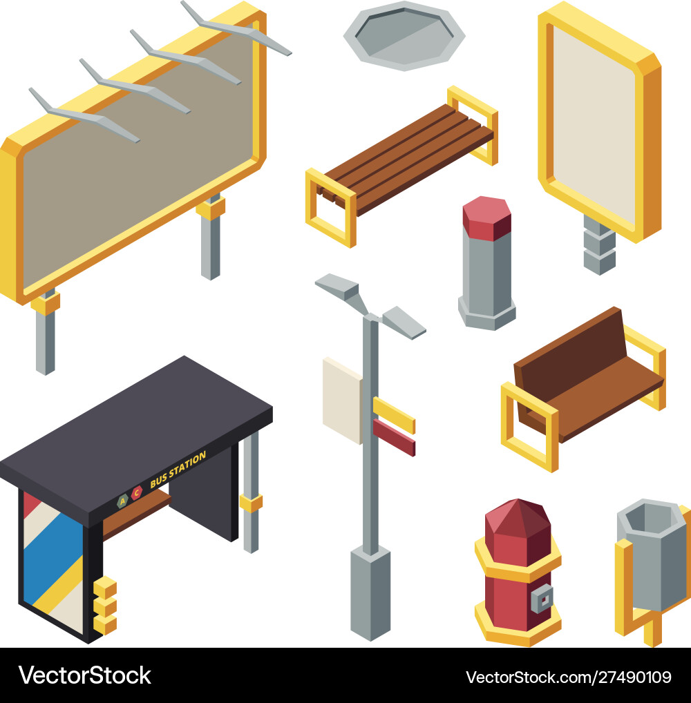 Bus station elements isometric Royalty Free Vector Image