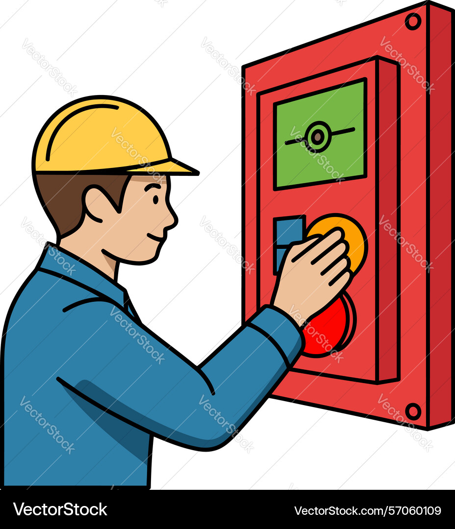 Cartoon engineer turning a knob on red control Vector Image