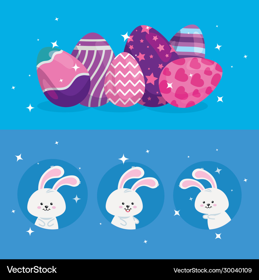 Cute rabbits with eggs easter decorated Royalty Free Vector