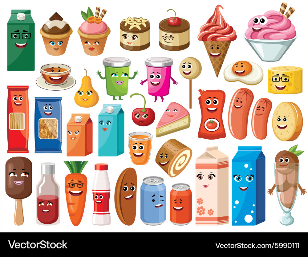 Funny cartoon products with faces Royalty Free Vector Image