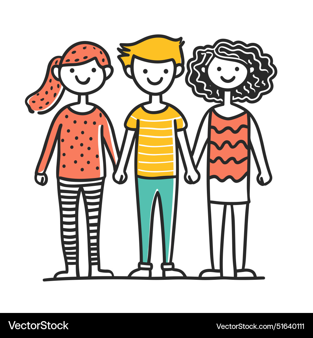 Three young friends holding hands smiling cartoon Vector Image