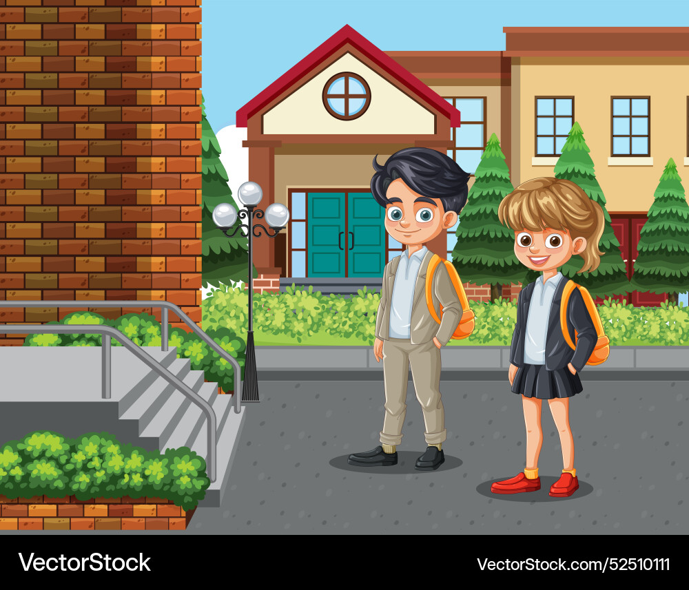 Two kids standing outside a school building Vector Image